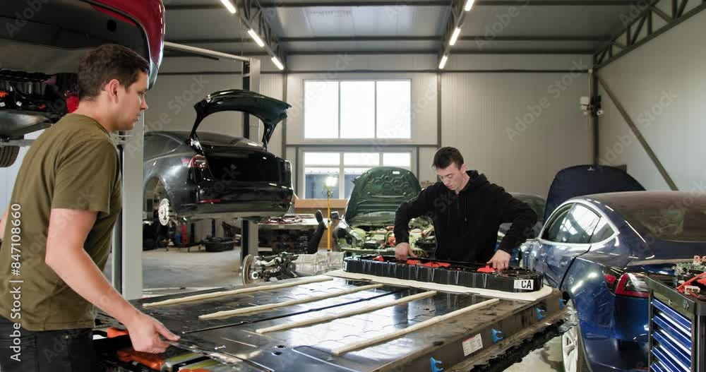 Two technicians assembling a high-voltage lithium-ion battery pack for ...