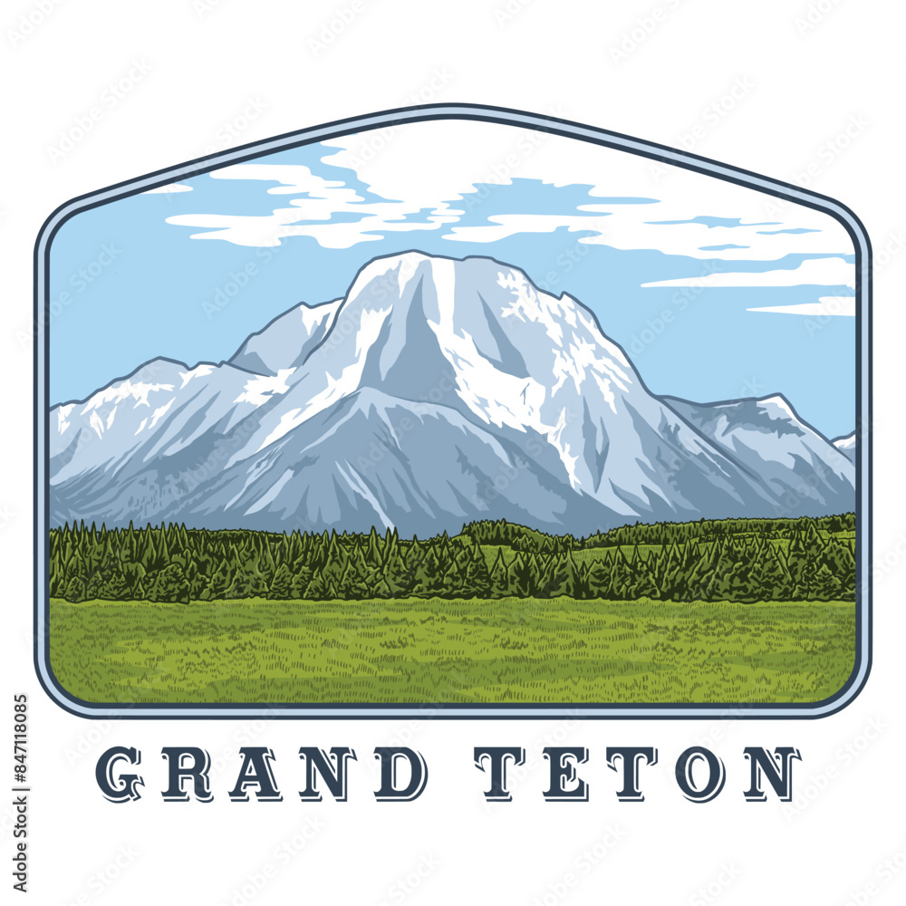Grand Teton landscape illustration with clear sky. Grand Teton national ...