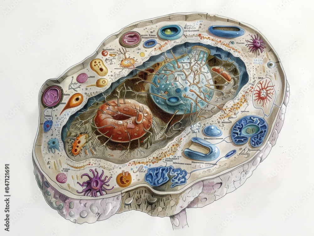 Diagrammatic drawing of a cell structure, highlighting the nucleus ...