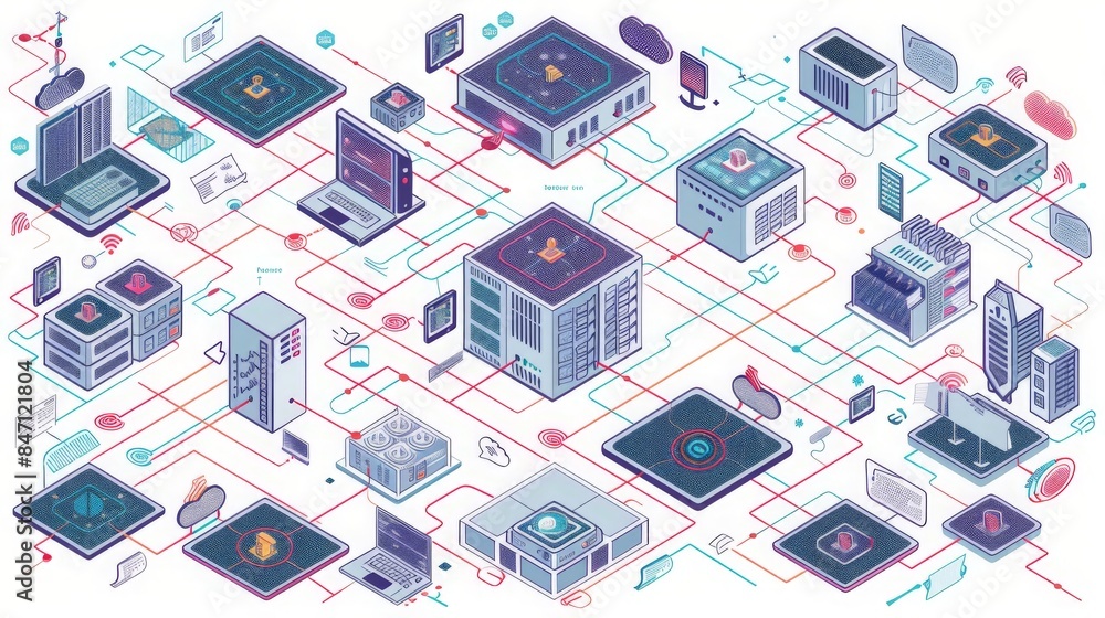 Diagrammatic drawing of a complex network infrastructure, showing ...