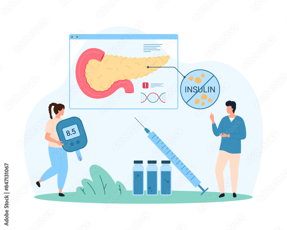 Pancreatic disease awareness, diabetes and endocrine gland health. Tiny ...