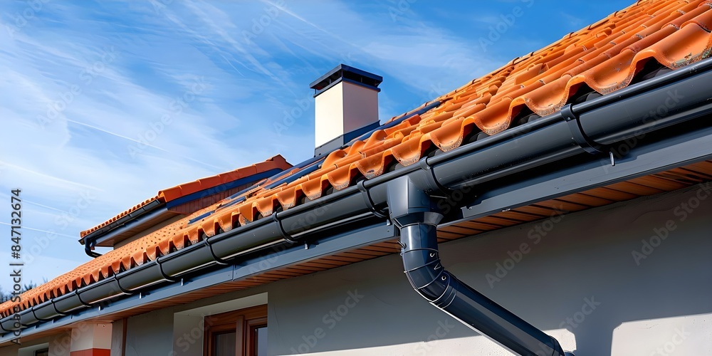 Plastic gutter system for a tiled roof on a house. Concept Rainwater ...