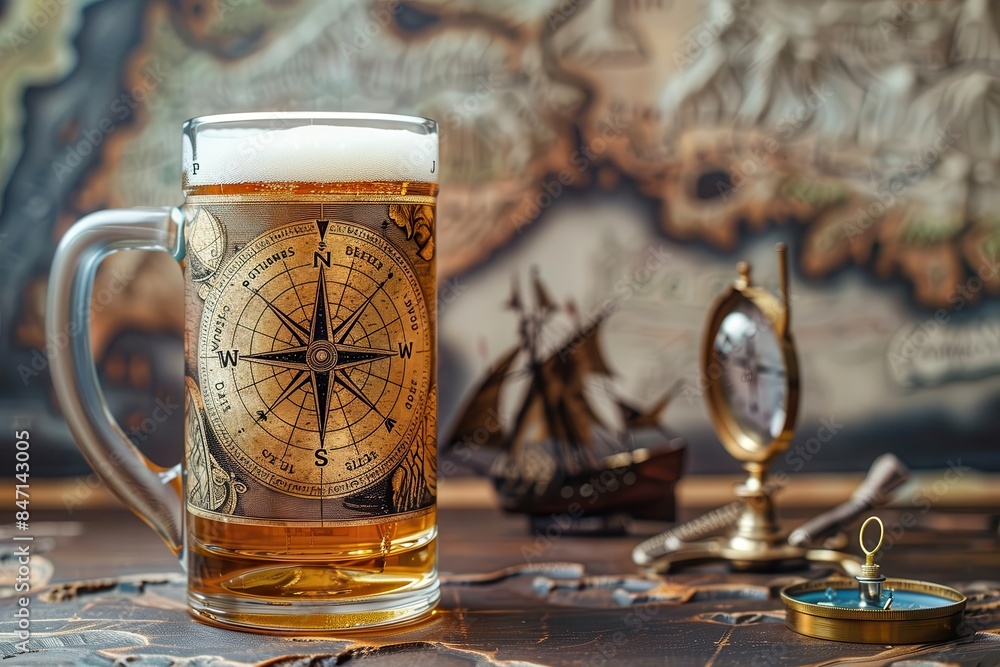 Beer Tumbler with a map and compass from side view, navigating with a ...
