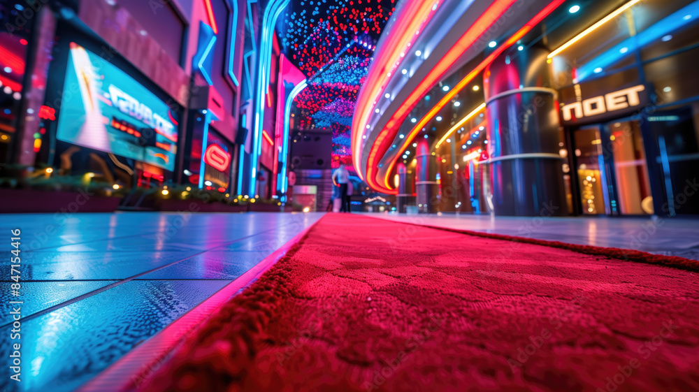 red carpet leading to red velvet stage, with glittering lights and ...