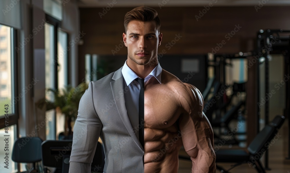 Vertically split photography of the same man. A muscular man is wearing ...
