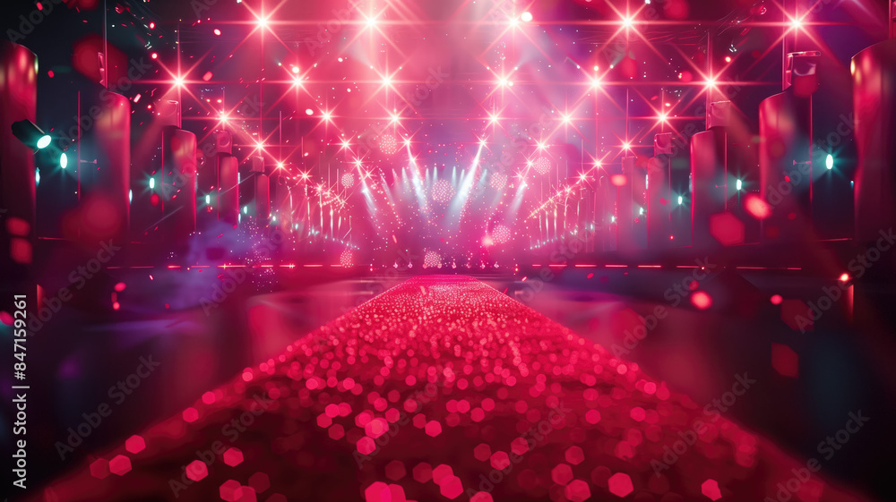 red carpet leading to red velvet stage, with glittering lights and ...
