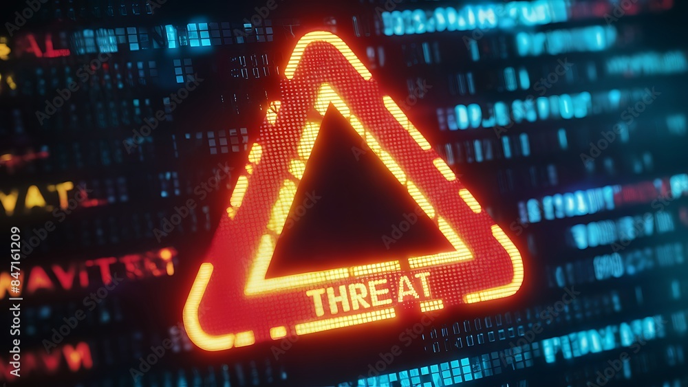 holographic warning triangle for cyber threat glowing red yellow ...
