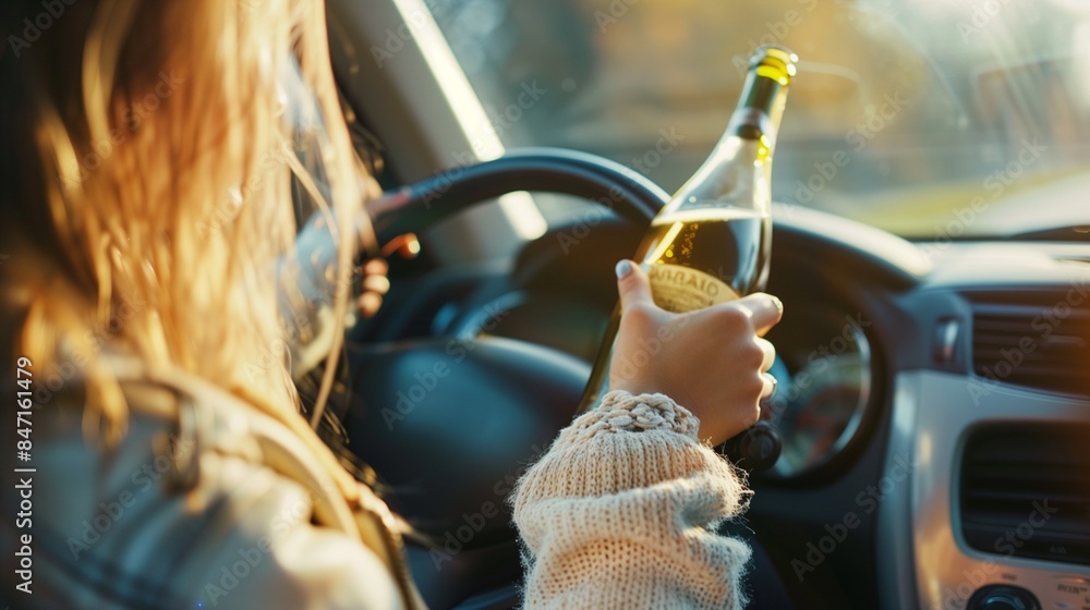 Drink and drive concept. Drunk driver holding a bottle of alcohol ...