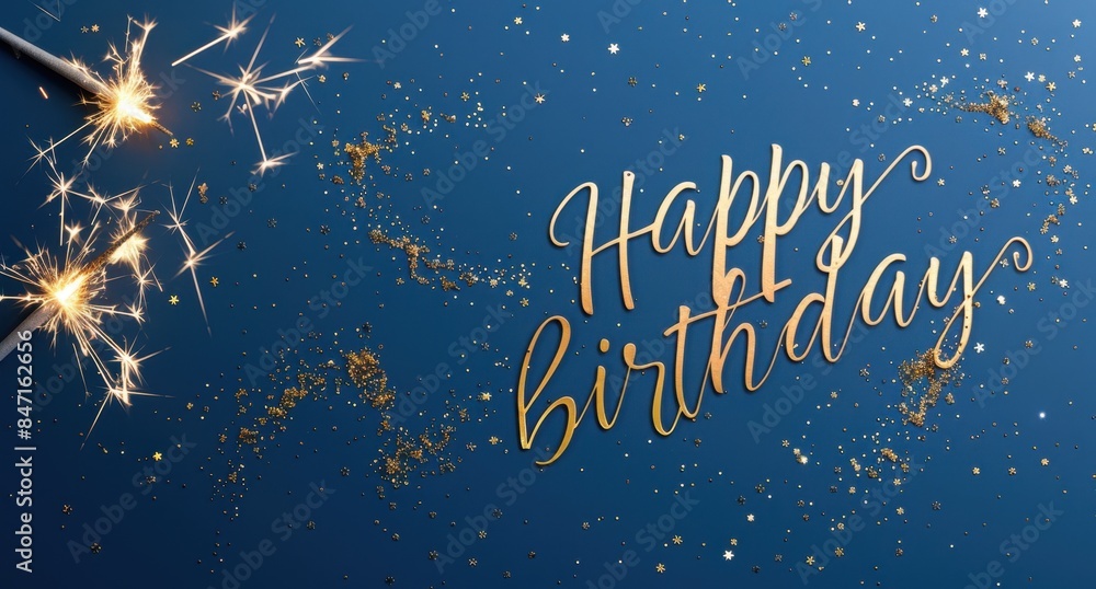 "Happy birthday" written in gold cursive, on a blue background with a ...