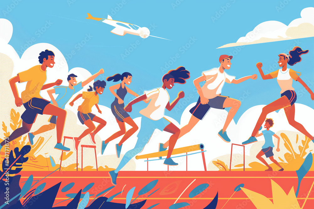 A dynamic clipart of a school sports day, with students participating ...