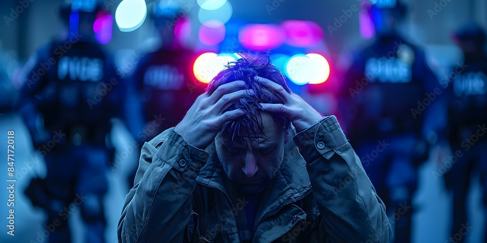 Exhausted suspect with head in hands police officers in the background ...