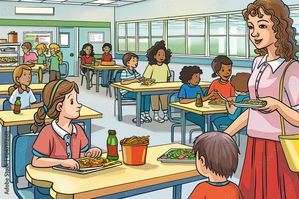 A lively clipart of a cafeteria, with students lining up for lunch ...