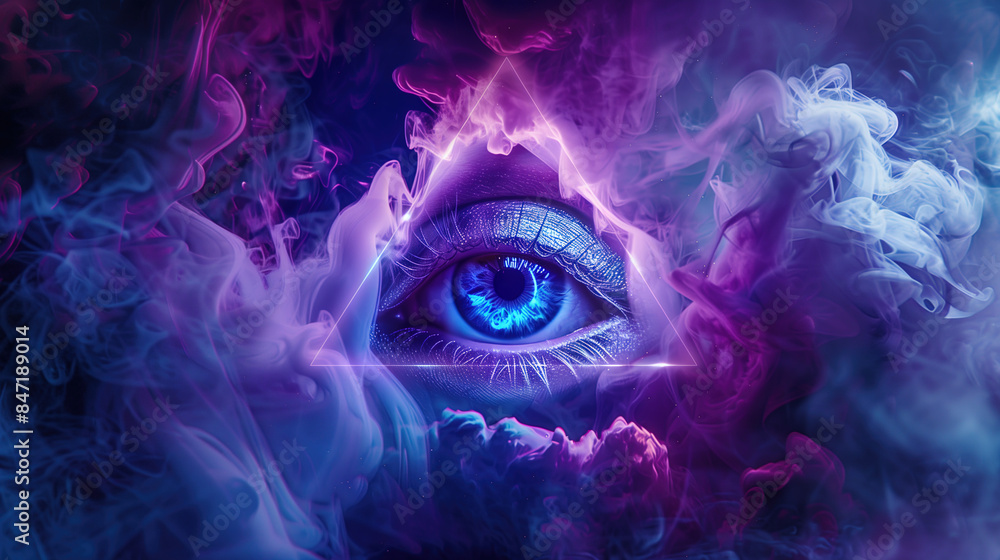 Close Up of a Blue Eye Of God Inside a Triangle Surrounded by Purple ...