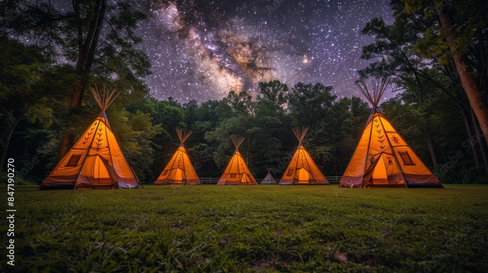 Native American village with traditional Native American teepees during ...