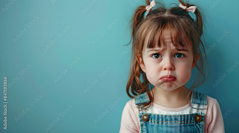 Portrait of a sad, offended, crying little girl on a flat blue ...