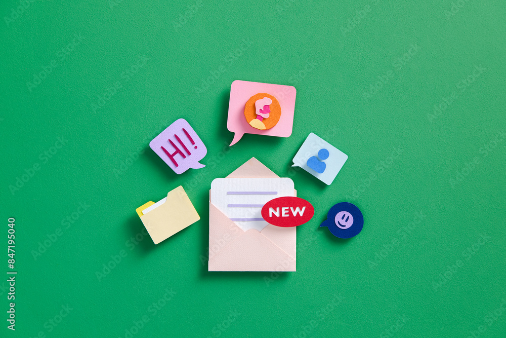 mail envelope with floating red marker, message box and emoticon Stock ...