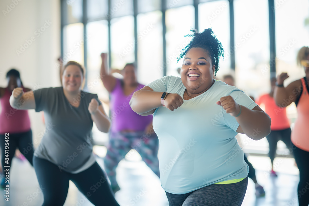Happy overweight woman leading energetic zumba class Stock Photo ...