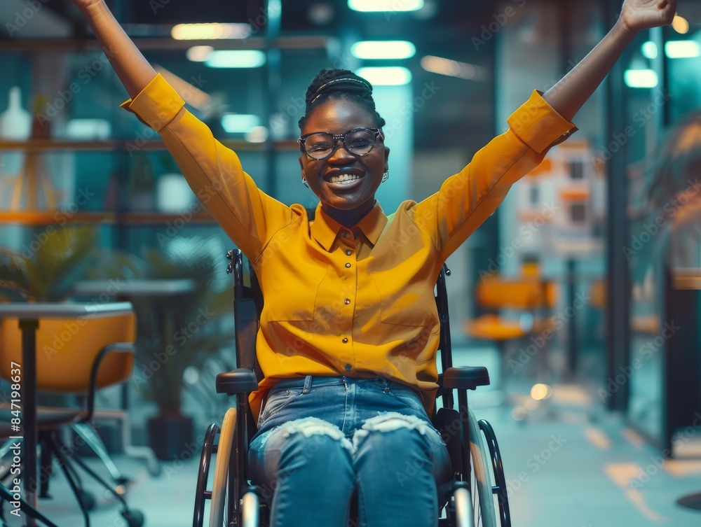 Happy disabled black woman in a wheelchair winning. African american ...