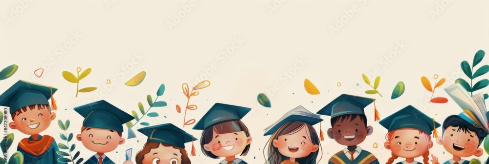 Horizontal banner, flat illustration. Smiling children in graduation ...
