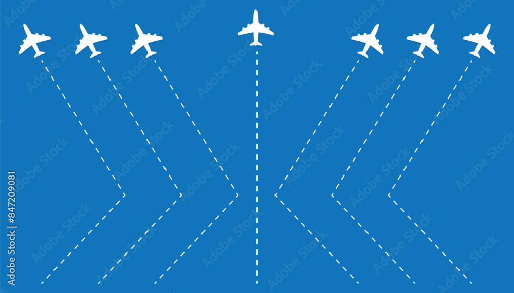Airplane line path vector icon of air plane flight route with start ...