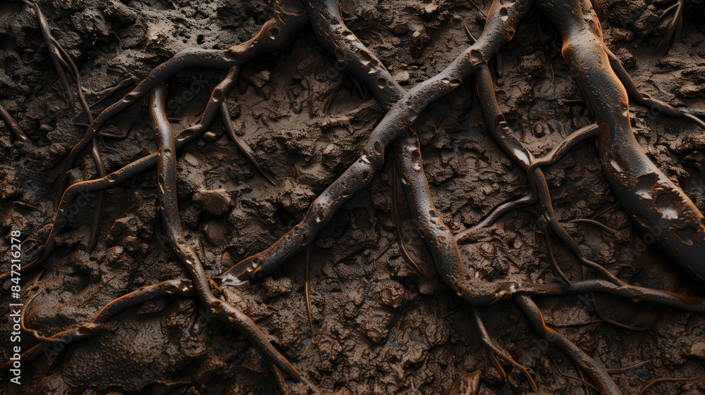 Tree roots in soil close up, underground texture, generative AI ...