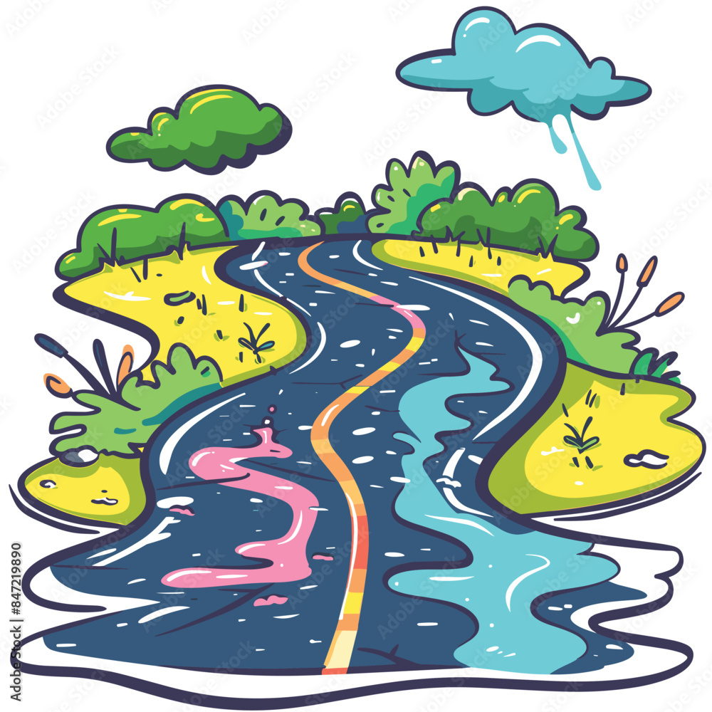 Winding road colorful cartoon illustration greenery clouds puddles ...