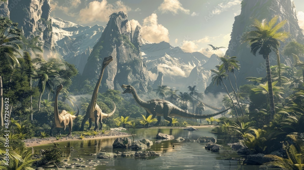 Foto de Prehistoric landscape of dinosaurs roaming the earth in an ...