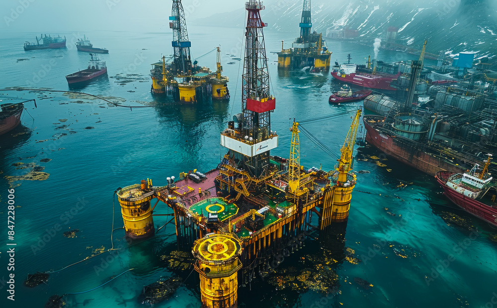 Oil Rigs and Vessels in Arctic Waters. An aerial view of multiple oil ...
