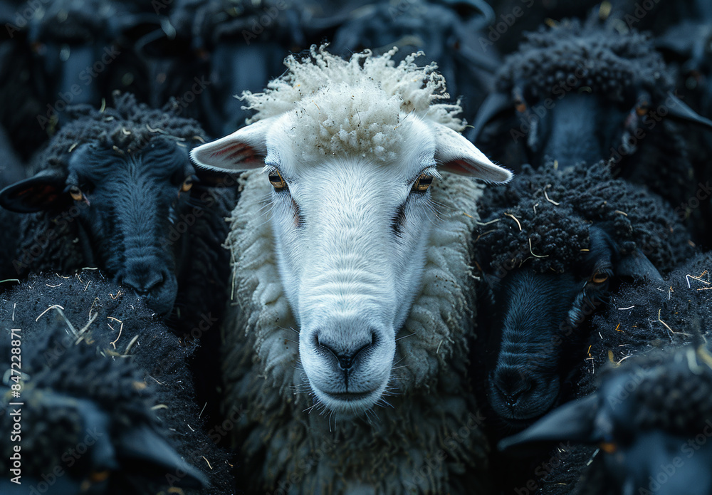 A sheep with a white face stands out in a herd of black sheep. The ...