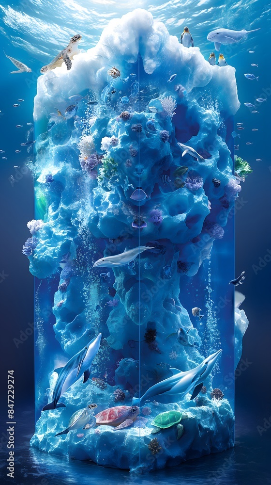 Isometric cube profile map ocean, marine animals such as dolphins ...