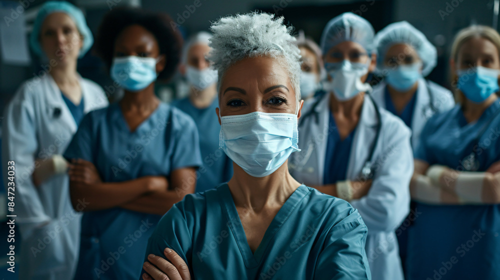 Medical staff wearing masks posing in a diverse hospital setting Stock ...