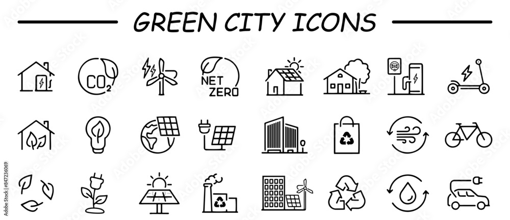 Green city icon set. Sustainable development. Contains such icons as ...