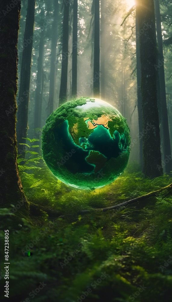 Green forest with burning global planet Earth growing from within ...