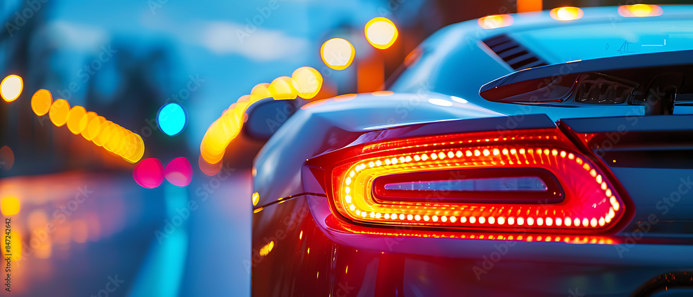 the rear side of a modern sports car traveling on a road at dusk or ...