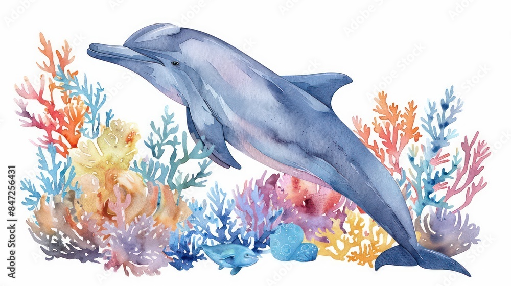 Cute Dolphin swimming among coral reefs, depicted in a flat art style ...