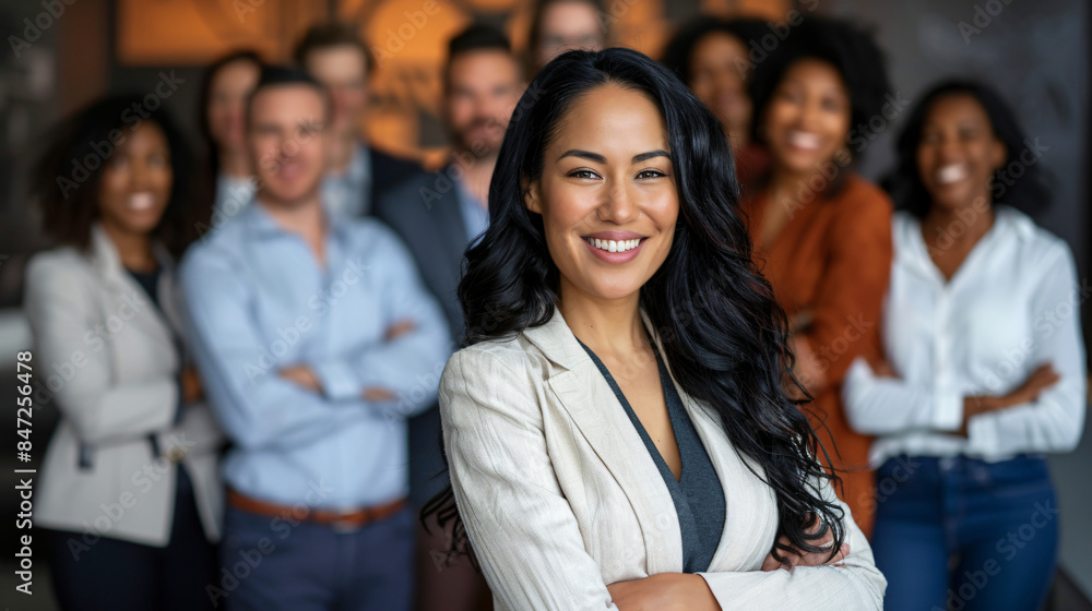 Smiling corporate leader stands out in front of a diverse professional ...