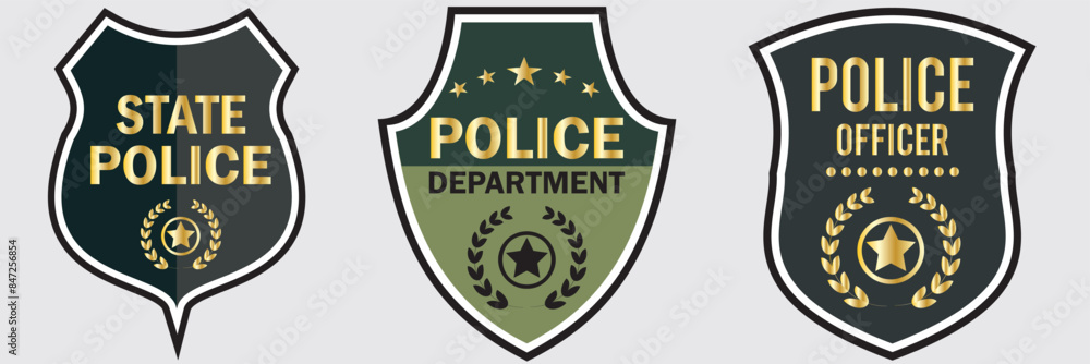 Vetor de Police badges set vector. Sheriff, marshal label illustrations ...