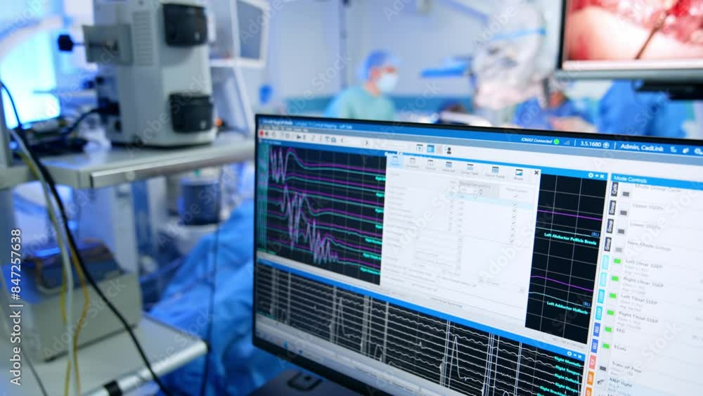 Computer screen depicting brain waves of a patient undergoing surgery ...