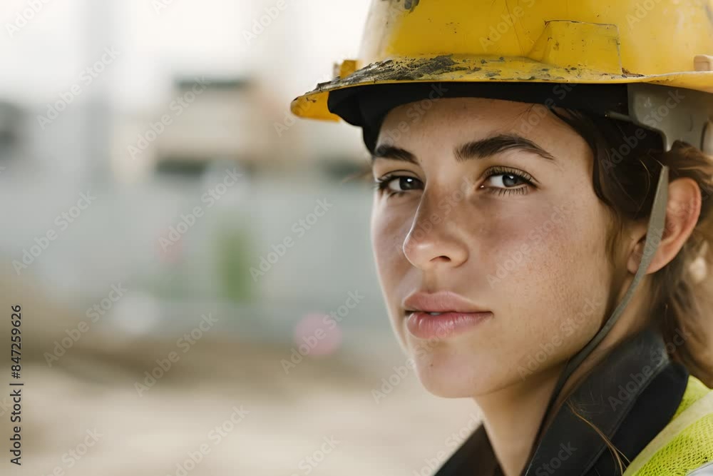 Confident female construction worker in yellow hard hat oversees project, showcasing ...
