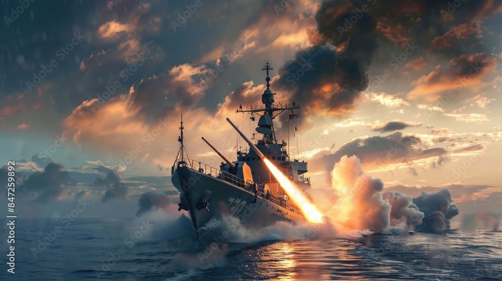 Missile launch from navy destroyer in a military special mission ...