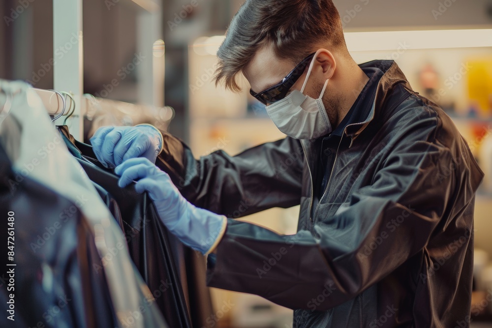 Professional Dry Cleaner Handling Delicate Silk Dress with Safety Mask ...