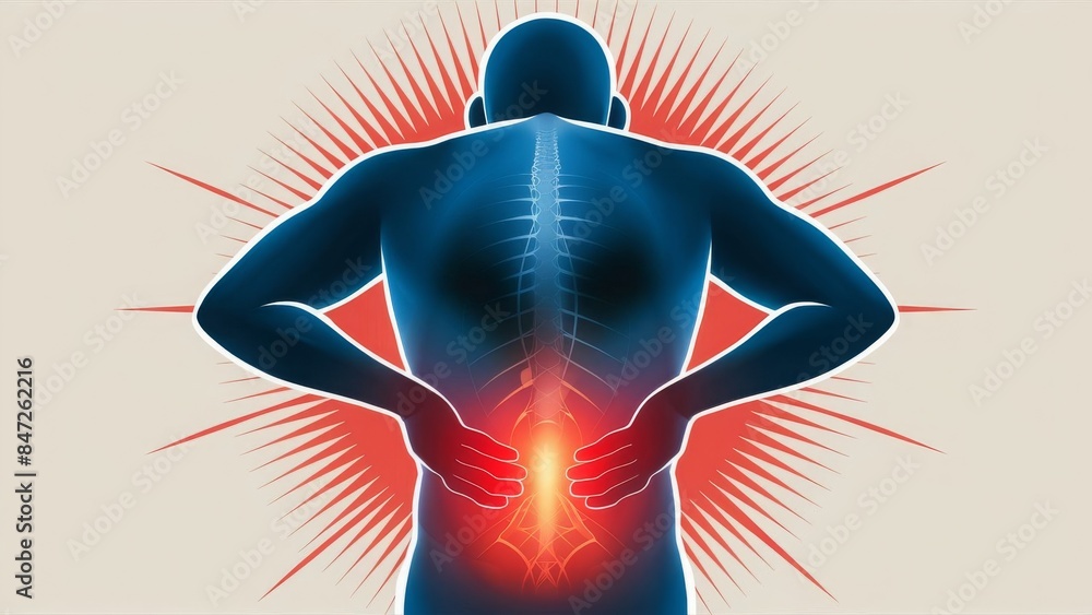 the concept of back pain ,a human silhouette with a highlighted area on ...