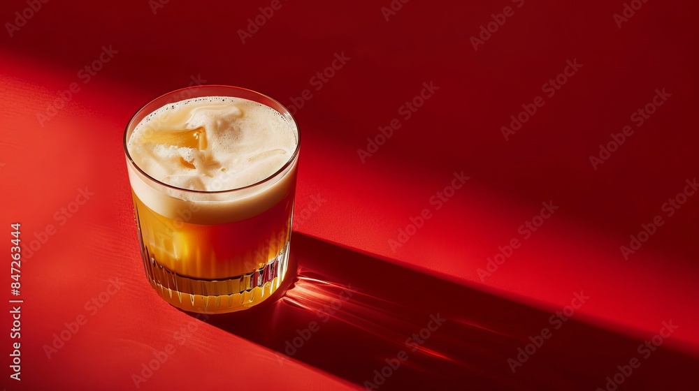 Classic whiskey sour cocktail in a highball glass with egg foam on a ...