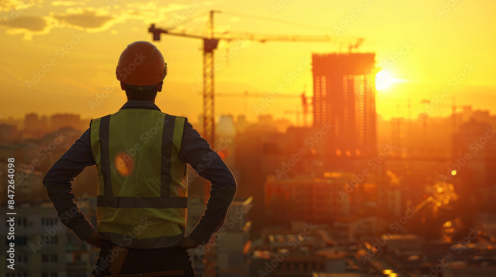 Silhouette of an engineer with hands on hips facing a construction site ...