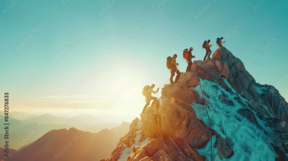Group of team people helping work on peak mountain climbing teamwork ...