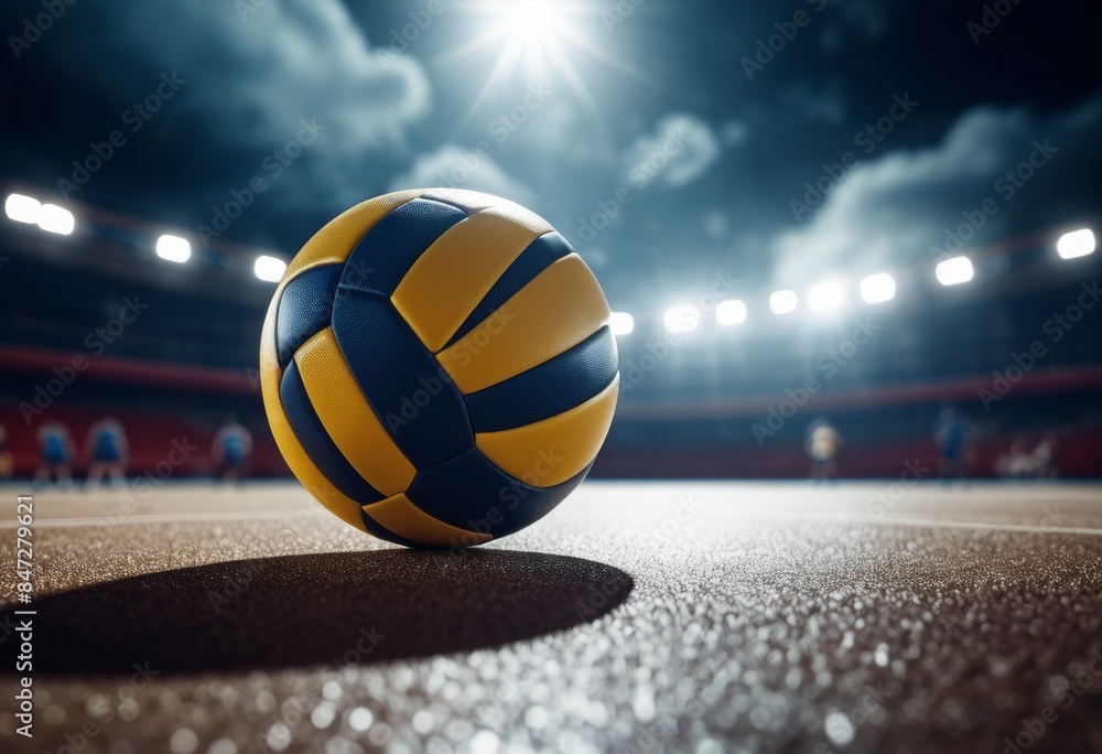 Yellow and blue volleyball close-up at the stadium. Blurred background ...