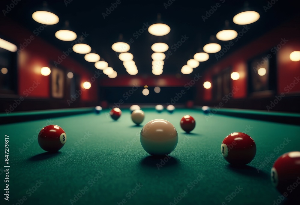 Billiard balls scattered on a billiard table. Blurred background ...