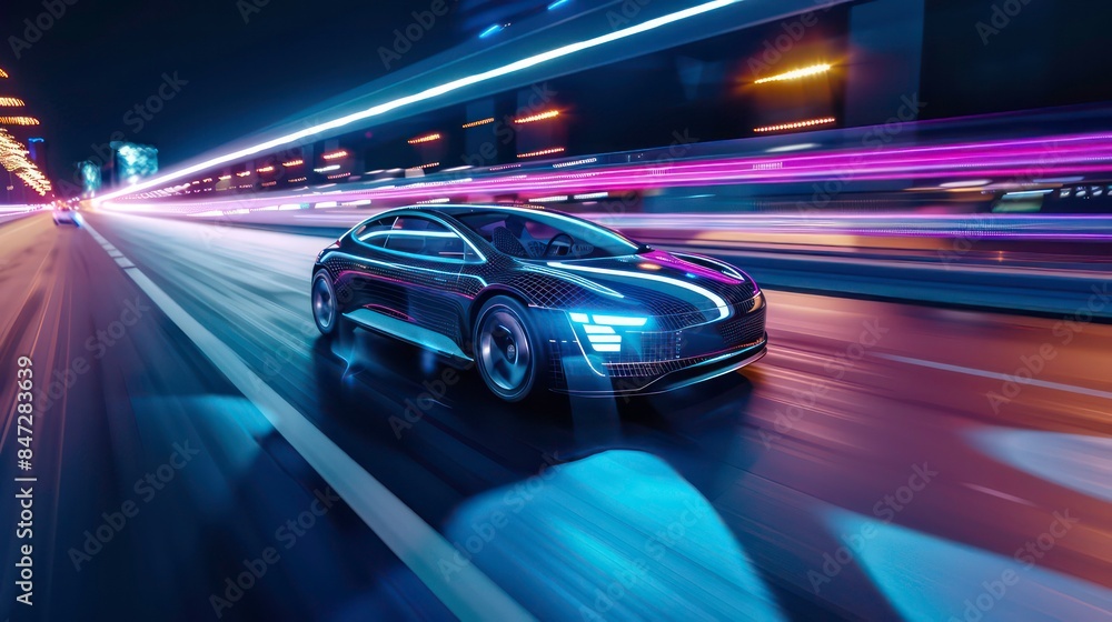 Futuristic EV car with motion lighting on highway with full self ...