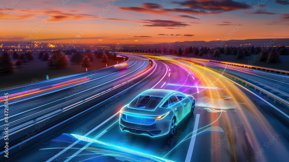 Futuristic EV car with motion lighting on highway with full self ...
