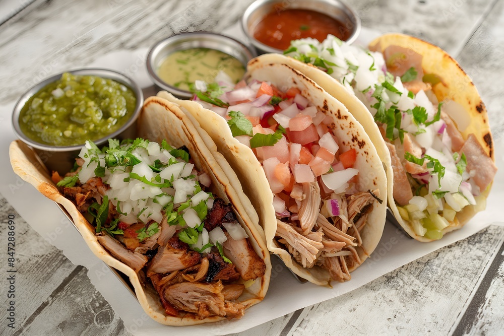 Close-Up Delicious Mexican Street Taco Trio With Carne Asada, Pollo ...